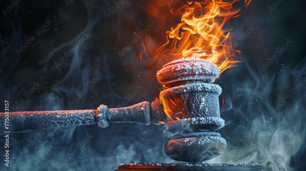 Frozen gavel with fire and ice contrast - A striking image exhibiting a ...