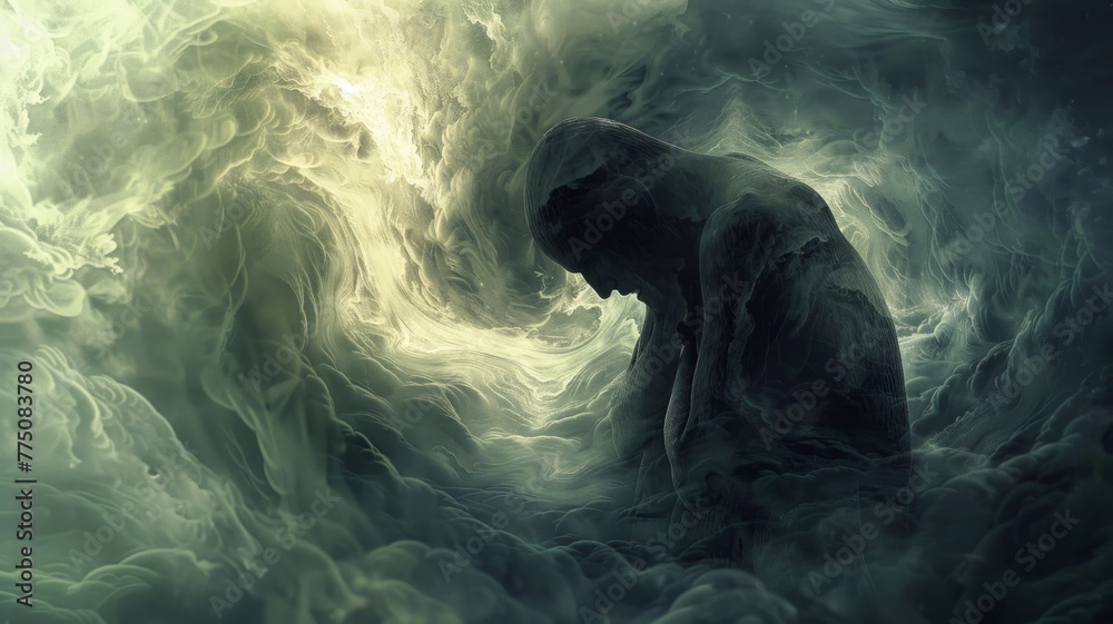 Sorrowful person in an abstract clouded realm - Conceptual artwork of a ...