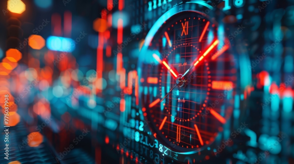 The intertwining of a clock face and a stock market graph highlights ...