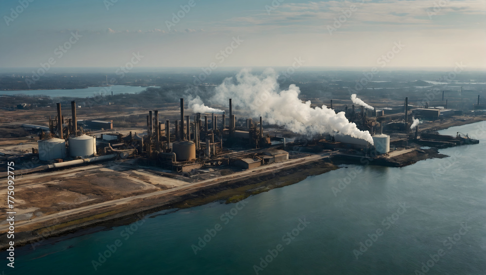 An industrial coastline with factories spewing pollution into the water ...
