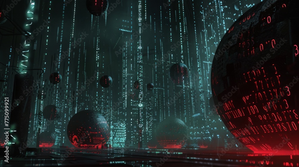 Red digital rain in futuristic environment - Image showing a futuristic scenario with red binary ...