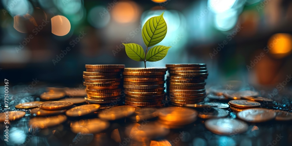 Coins and leaves illustrating financial growth and sustainability in ...