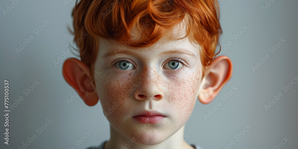 Cute young child with prominent protruding ears on a light background ...