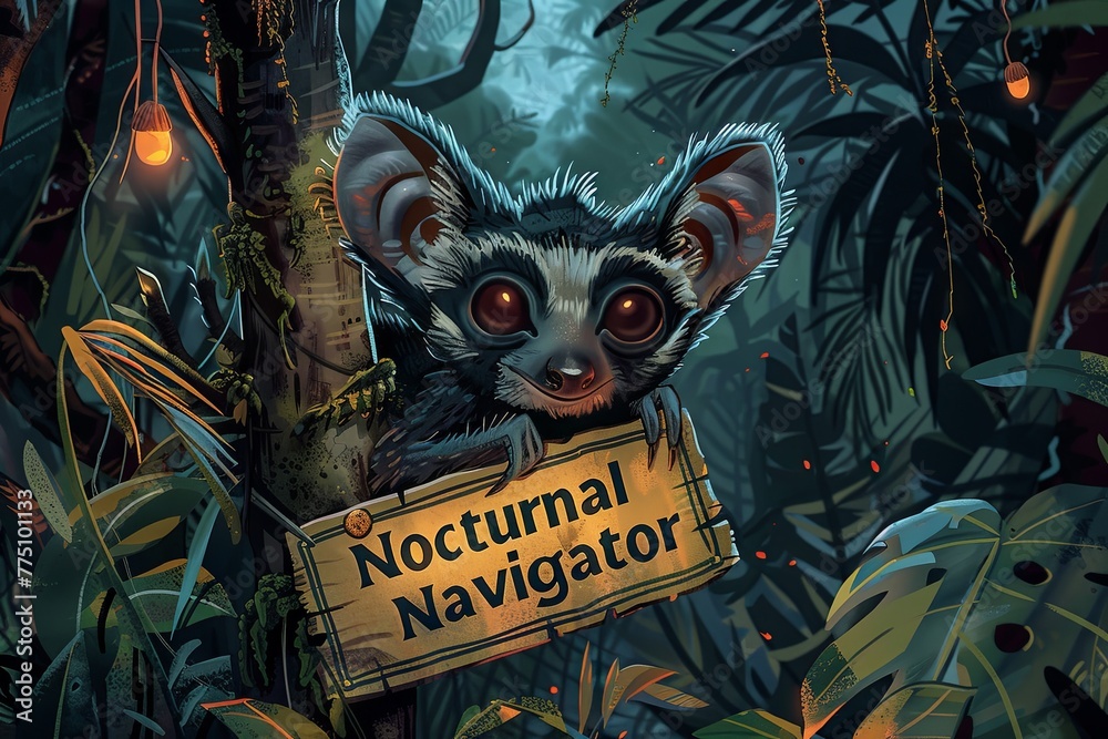 cartoon curious aye-aye dangling from the branches of a dense tropical ...