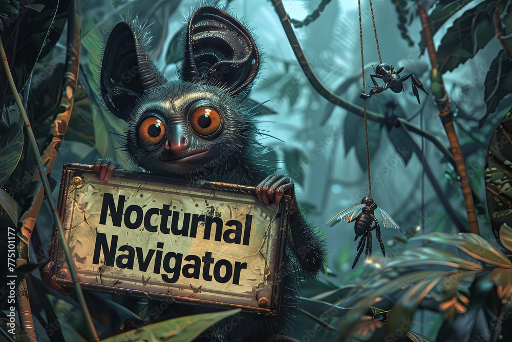 cartoon curious aye-aye dangling from the branches of a dense tropical ...