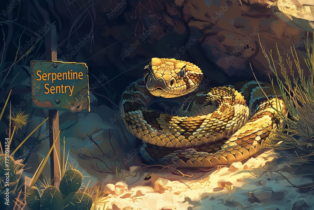 cartoon wary rattlesnake coiled in the shadows of a rocky outcrop, its ...