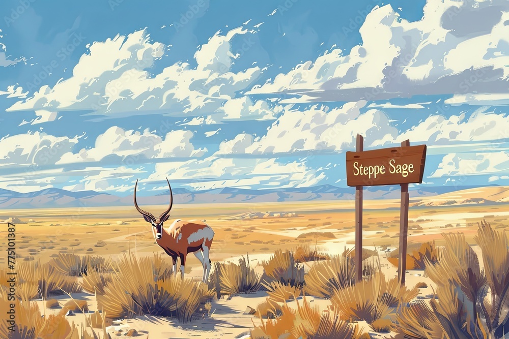 cartoon majestic saiga antelope grazing on the windswept steppes of ...