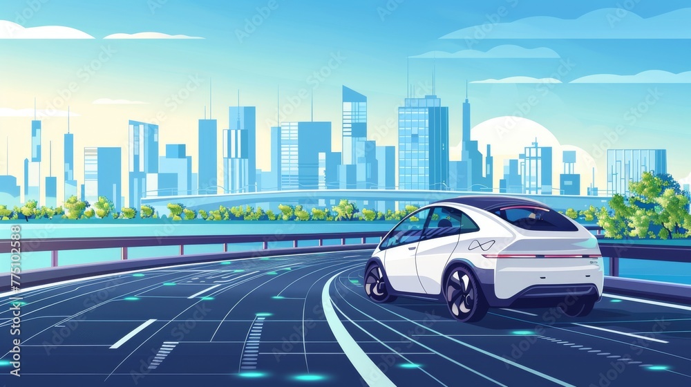 Smart autonomous driverless electric car driving on highway to downtown ...