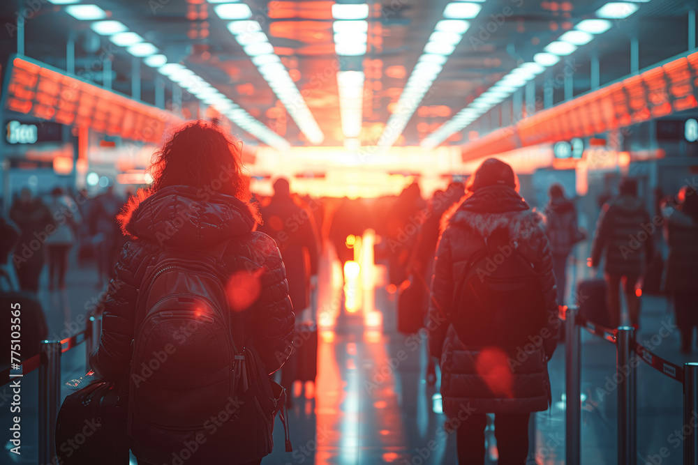 Passengers queuing at the airport security checkpoint, removing their ...
