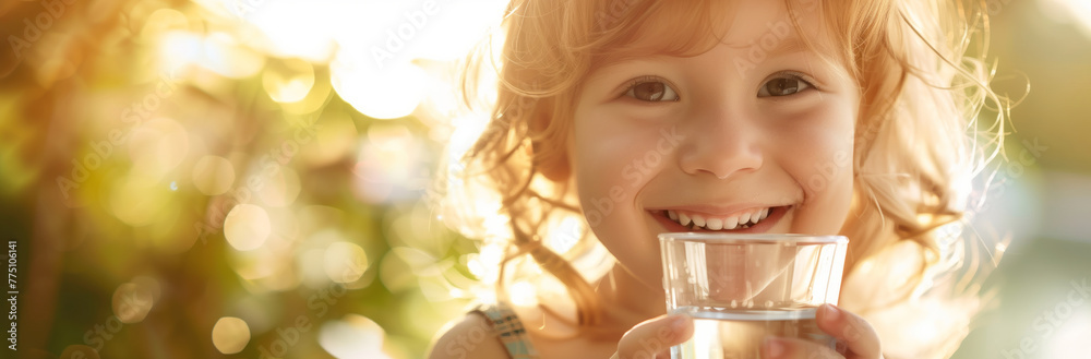 Pretty little child drinking fresh water on sunny summer day at home ...