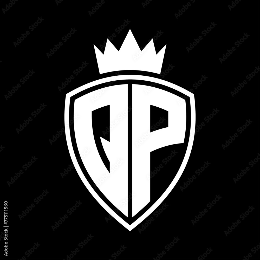 QP Letter monogram shield and crown outline shape with black and white ...
