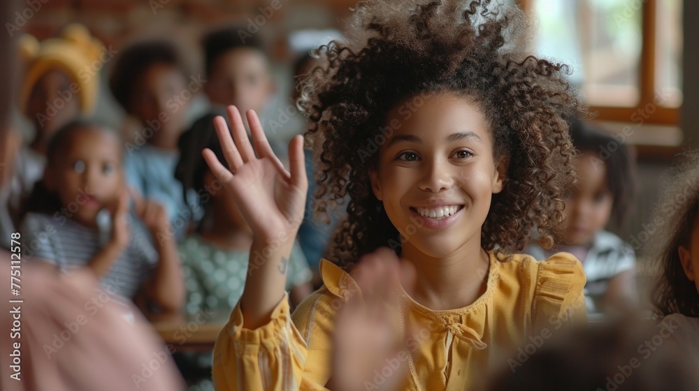 Happy children and educator raising hands up sitting at table in modern ...