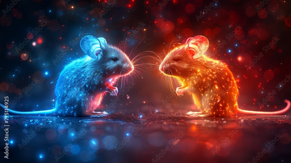 Two mice seated side by side on a floor against a red and blue backdrop ...