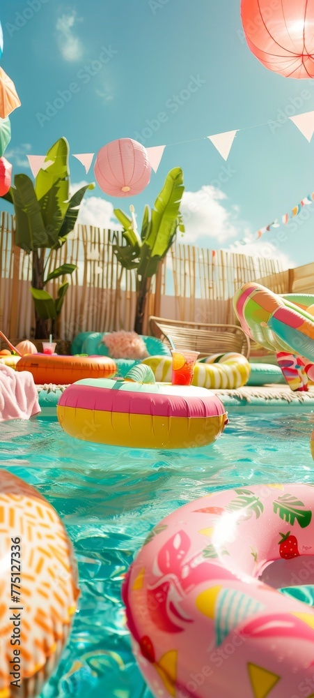 A pool party setup with inflatable floats and colorful towels, creating ...
