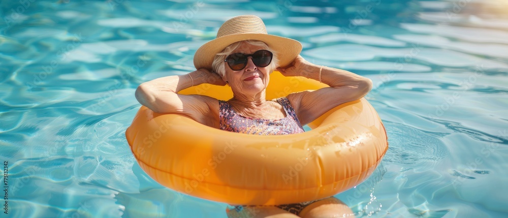 senior woman floating on an inflatable ring in the pool, wearing ...