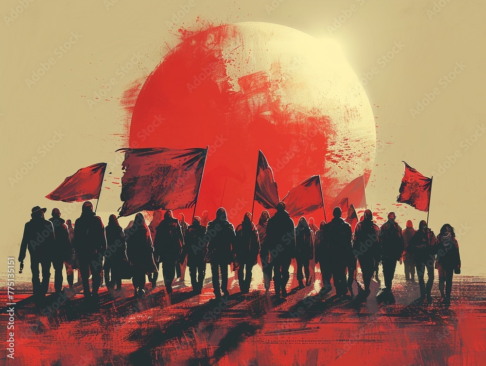 Create an image of International Workers' Day demonstrations, with ...