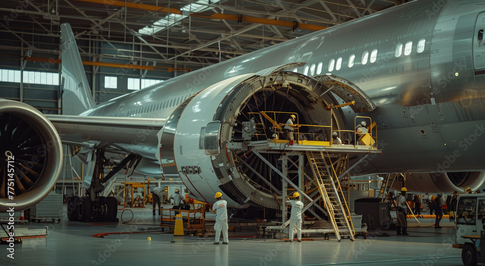A commercial airplane being worked on in an aircraft repair hangar ...