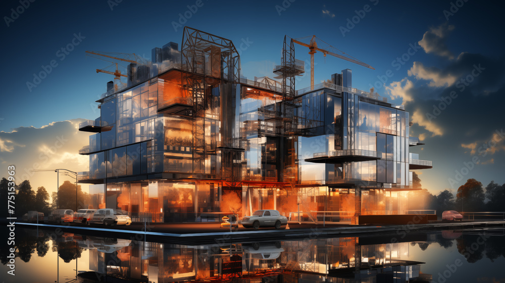 construction high building, where teams collaborate to erect monumental ...