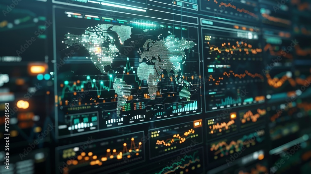 A computer screen displays a map of the world with various graphs and ...