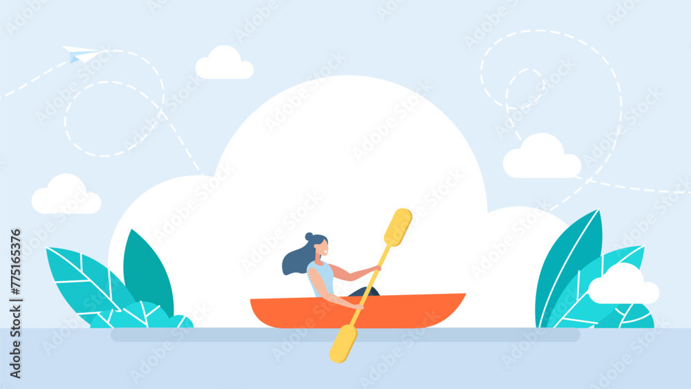 Happy active woman rafting on kayak or canoe along river. Businesswoman ...