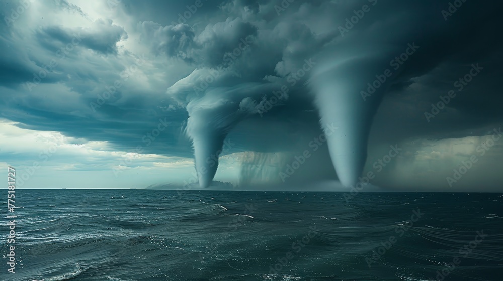 Two tornadoes are in the ocean, with the water in between them. The sky ...