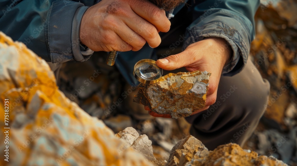 Geologist examining a gold vein at a mining site, with a magnifying ...