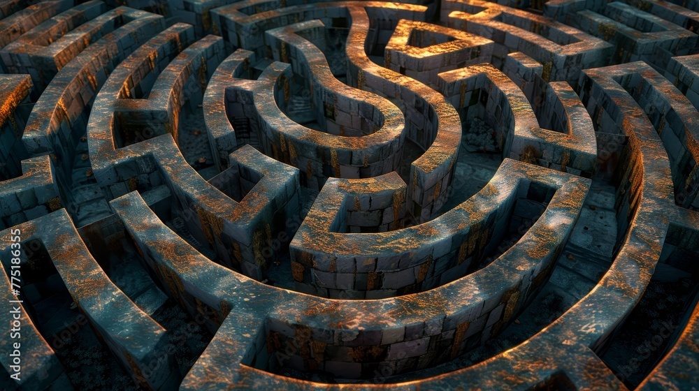 A maze with a golden glow. The maze is made of stone and has a circular ...