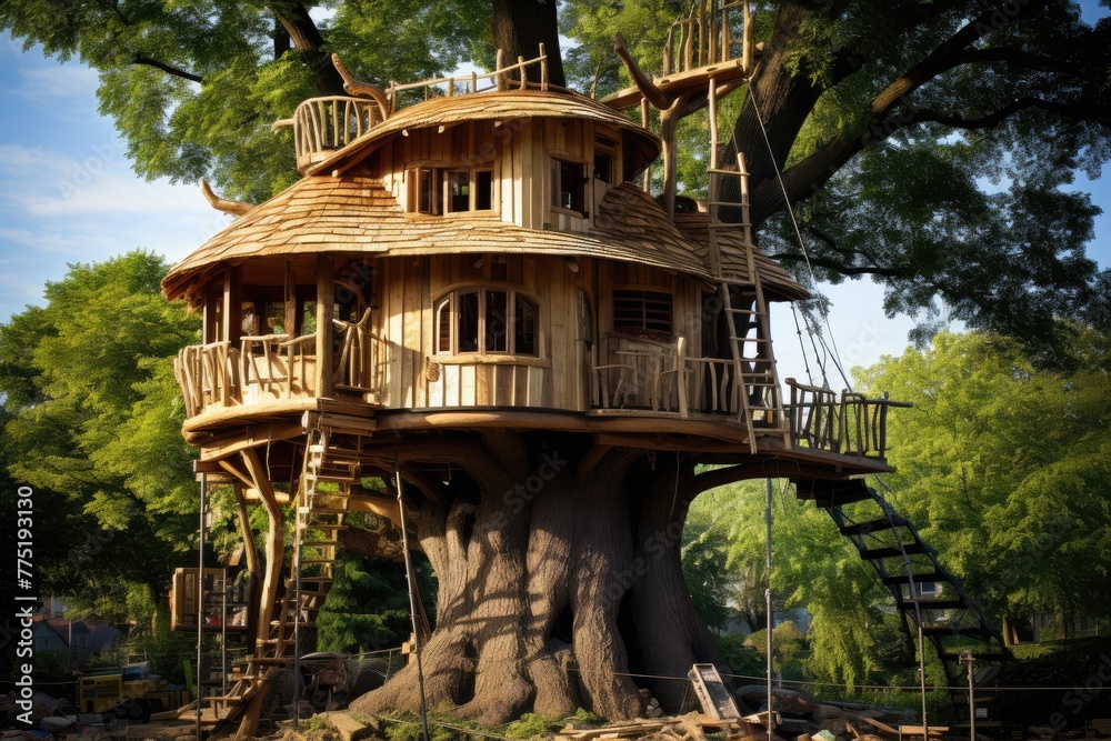 Tree house, Construction of a tree house, Illustration of futuristic ...