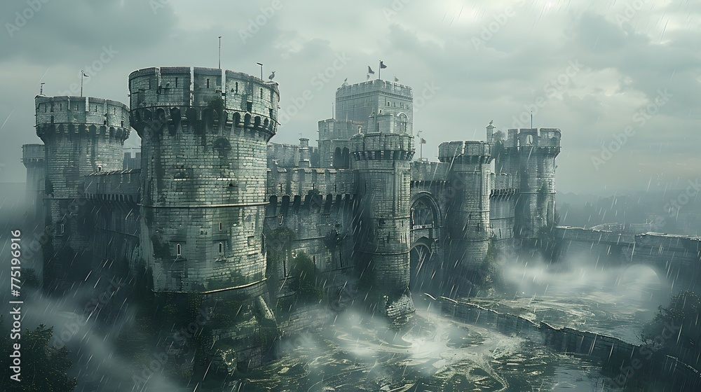 romance of a historic castle, its towering turrets and ancient stone ...