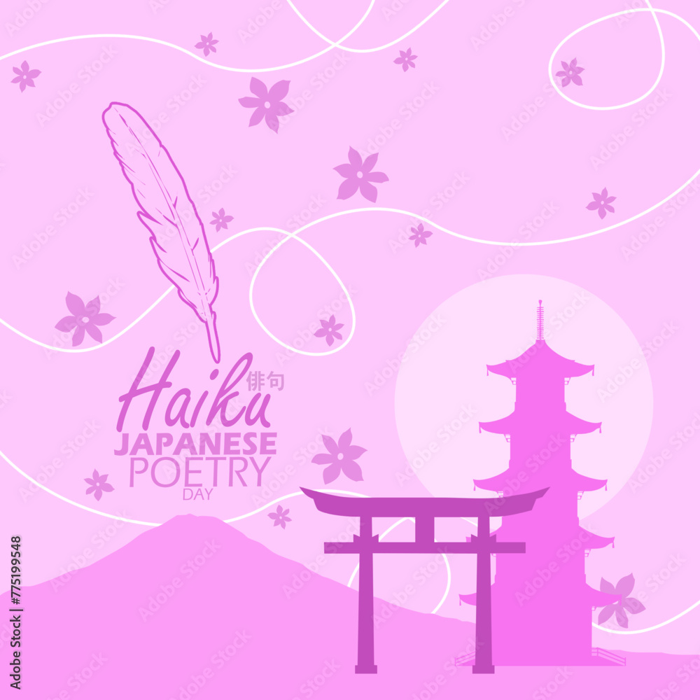 National Haiku Poetry Day event banner. Torii gate with pagoda, feather ...