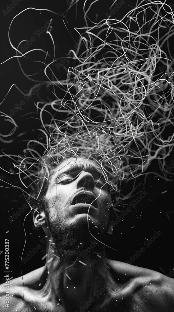 A man struggling to make sense of the chaos in his mind, depicted ...