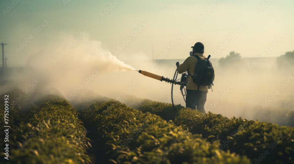 Farmer applying insecticide products on potato crop, Abundant green ...