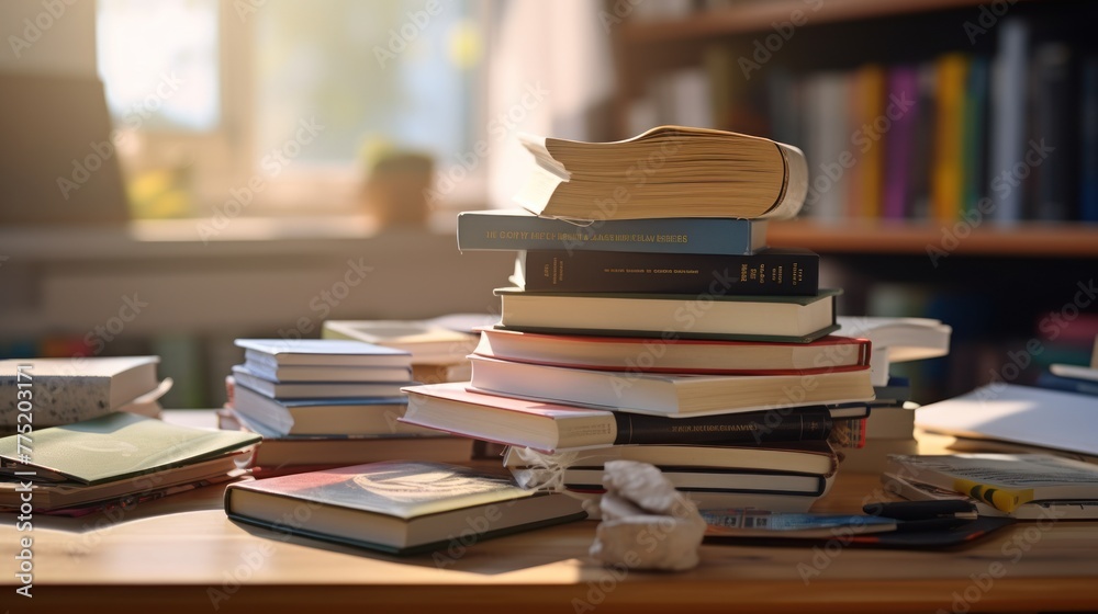 Pile of books on study desk in a study room. Education or academic ...