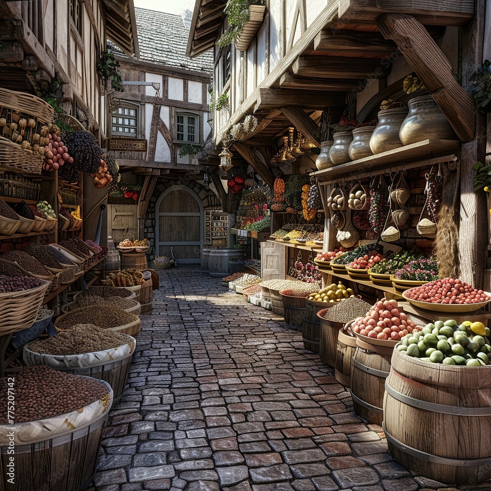 Medieval Merchant selling spices, fruits, and textiles in a vibrant ...