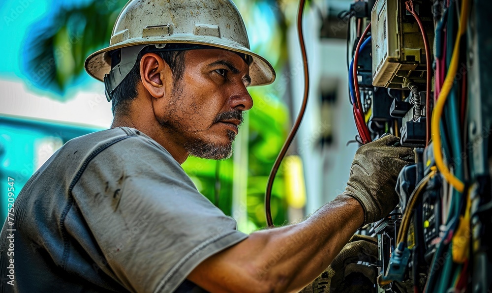 Checking voltage on electrical system. Technician working in an electrical main distribution ...