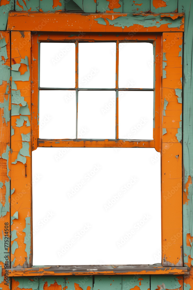 Old apocalyptic wood window orange frame. Isolated transparent background PNG. Grunge cracked ...