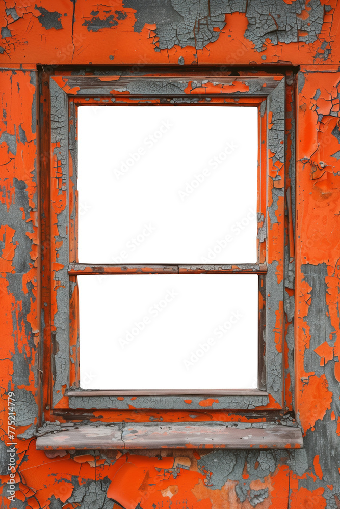 Orange Old apocalyptic wood window frame. Isolated transparent background PNG. Grunge cracked ...