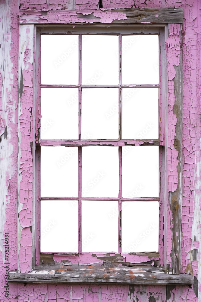 Old pink apocalyptic wood window frame. Isolated transparent background PNG. Grunge cracked and ...