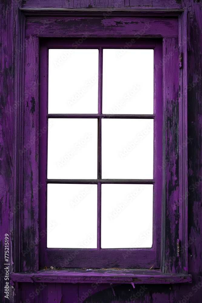 Old Lilac apocalyptic wood window frame. Isolated transparent background PNG. Grunge cracked and ...