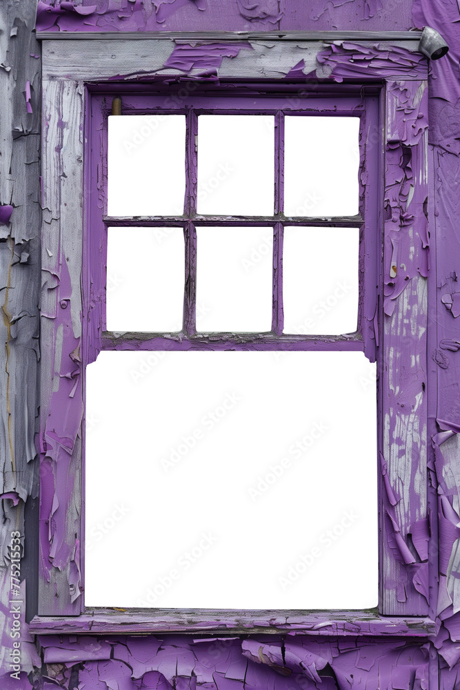 Purple Old apocalyptic wood window frame. Isolated transparent background PNG. Grunge cracked ...