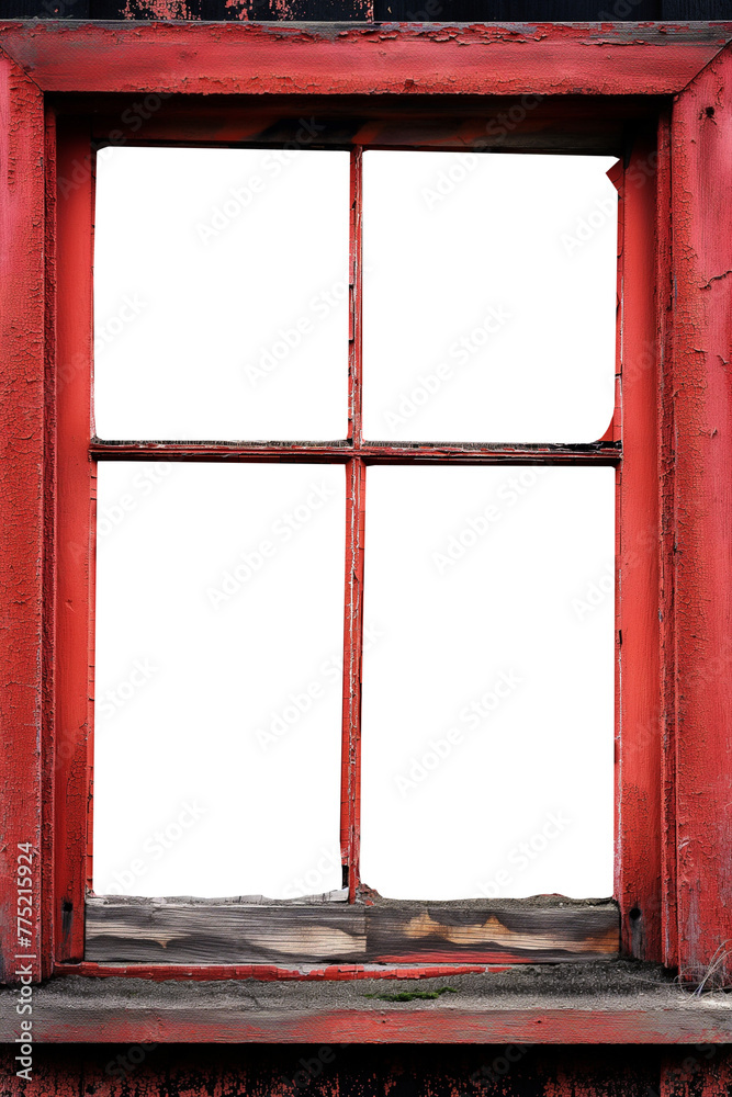 Red Old apocalyptic wood window frame. Isolated transparent background PNG. Grunge cracked and ...