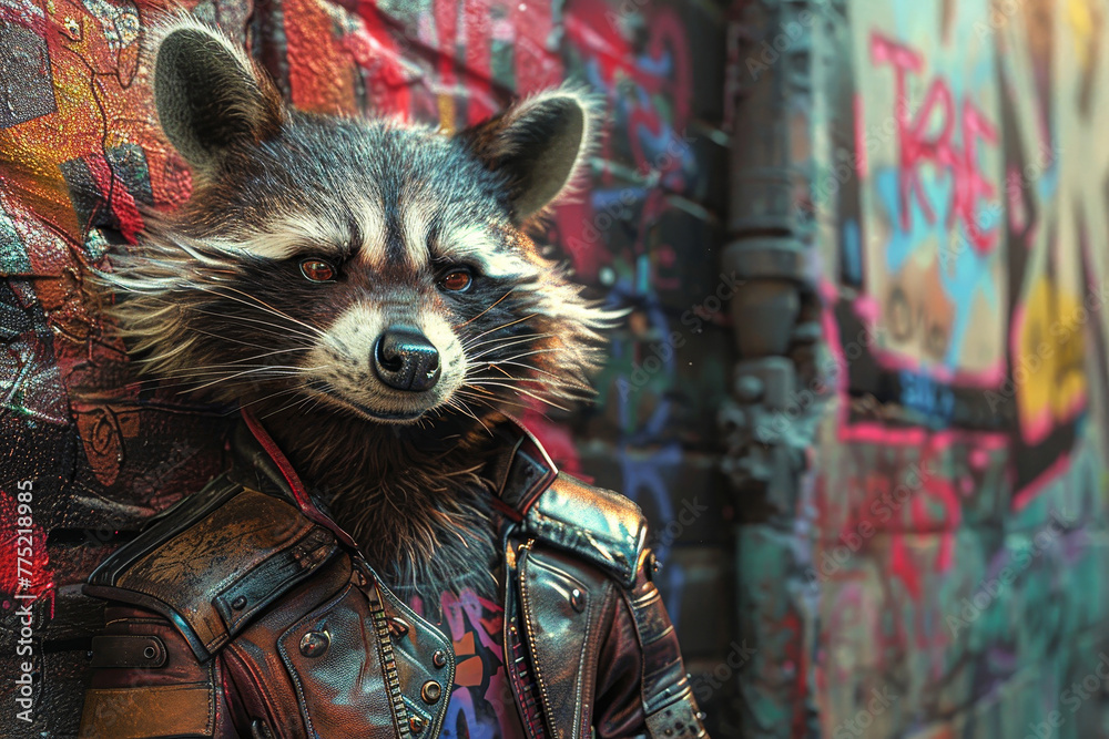 A raccoon wearing a leather jacket and a black helmet stands in front ...