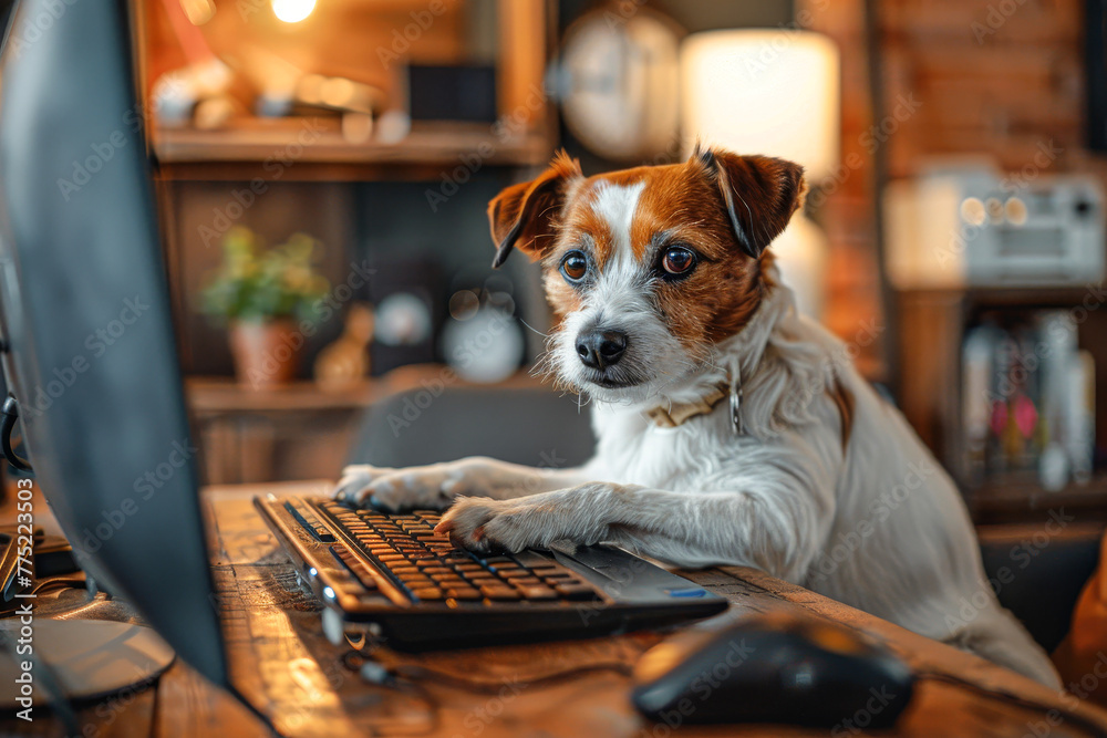 A dog is sitting on a desk in front of a computer keyboard and mouse ...