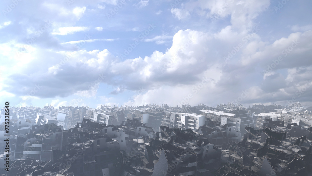 3d rendering-Destroyed city after earthquake or war, aerial Cinematic ...