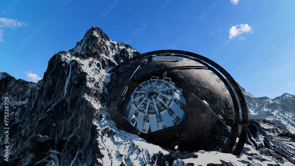 3d rendering-UFO alien saucer remains after crash on snowy mountain ...