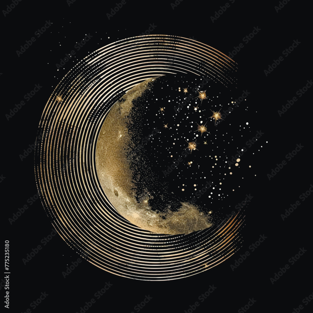 Gold glittery shiny 3d lines screscent and stars. luxury surface golden ...