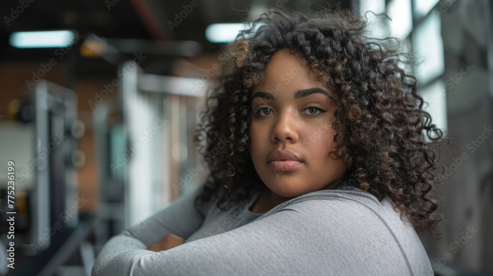 Black woman, fat body positive beauty, doing sports in the gym or ...