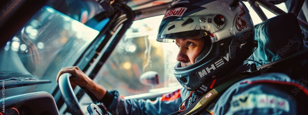 A focused racing driver in a full protective helmet and suit seated ...