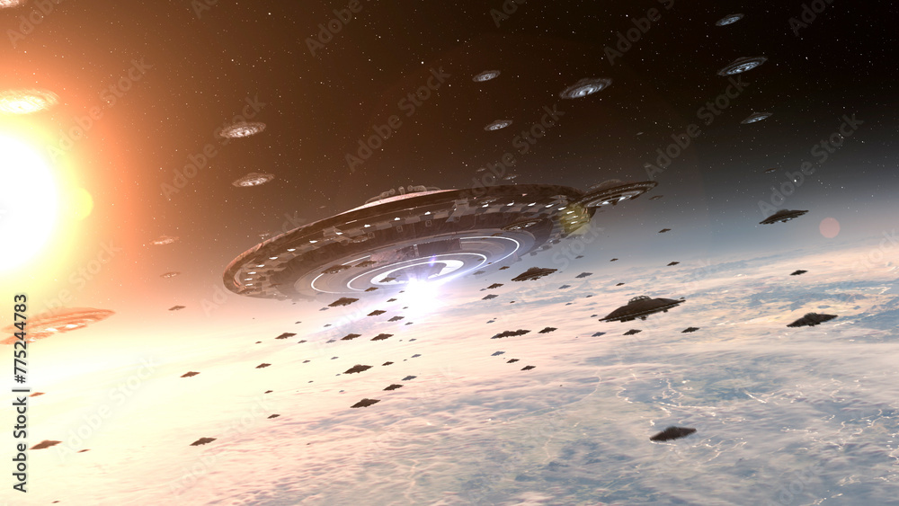 3d rendering-Many ufo's flying toward mothership above earth in grid ...