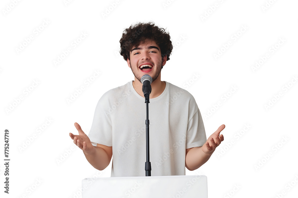 young man standing upright on a clean white podium background. He is ...